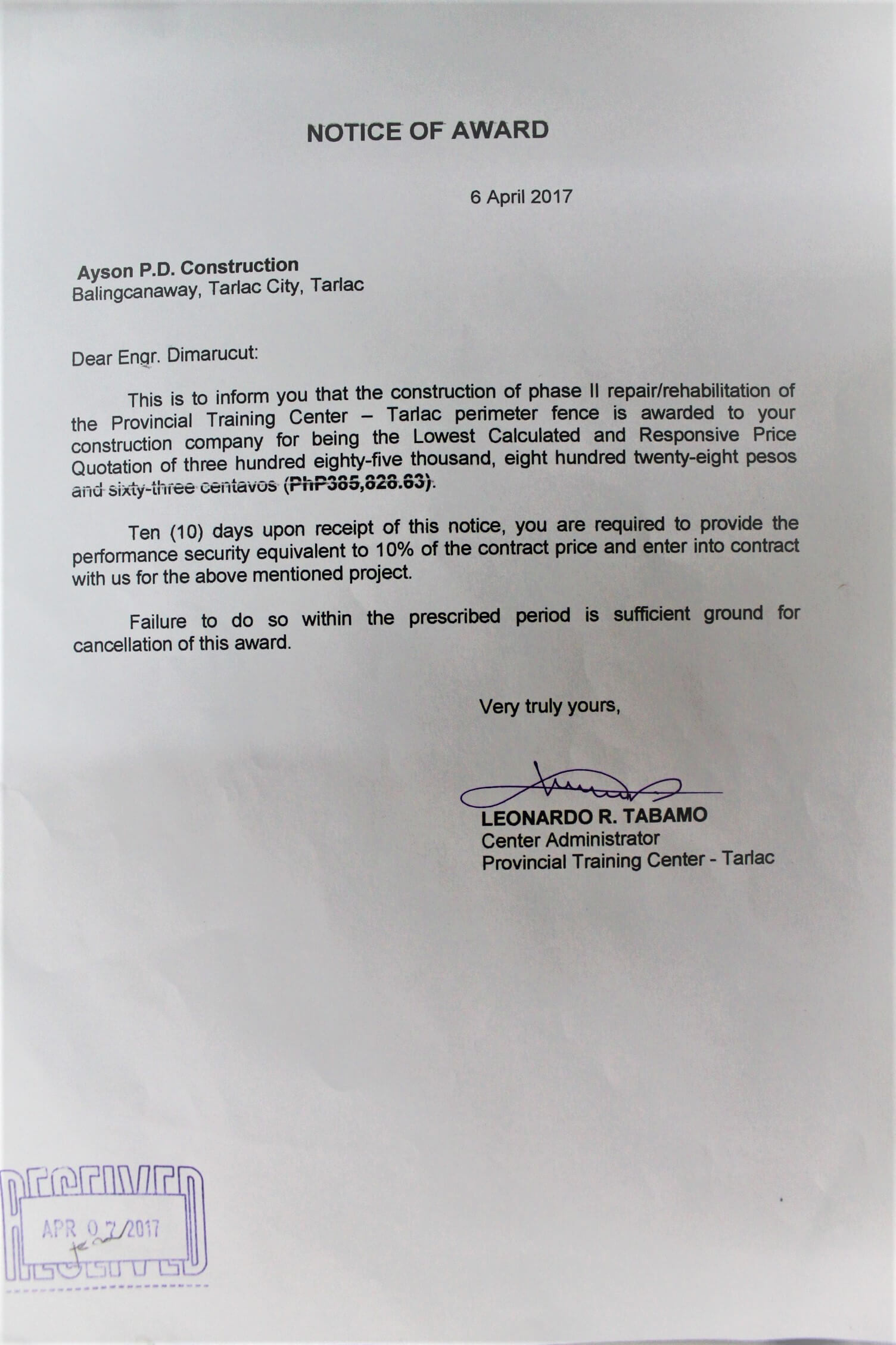 BAC resolution and notice of award – TESDA PTC-Tarlac